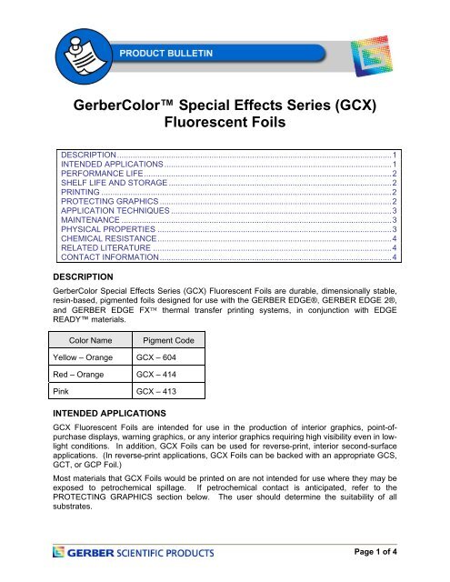 Product Bulletin - Gerber Scientific Products