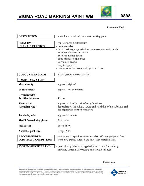 SIGMA ROAD MARKING PAINT WB 0898 - SIGMA PAINTS