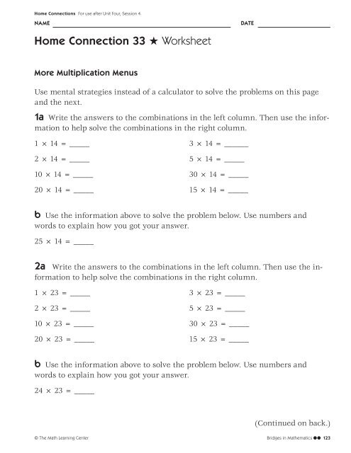 Home Connection 33 * Worksheet