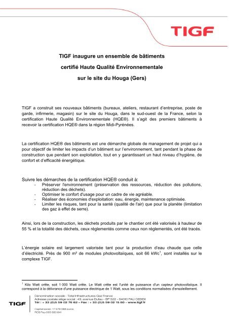 TIGF inaugure des bÃ¢timents HQE sur le site du Houga