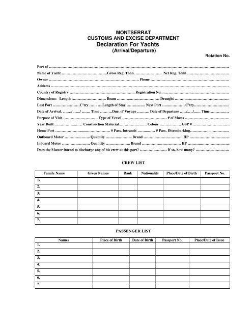 Declaration Form for Yachts - Customs and Excise