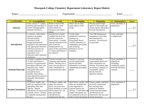 Moorpark College Chemistry Department Laboratory Report Rubric ...