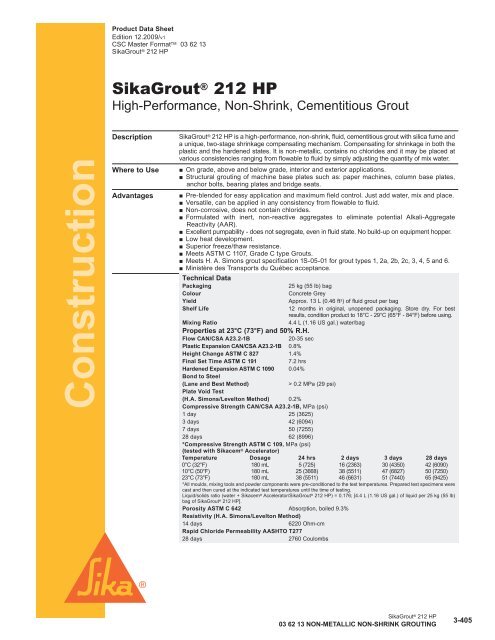 sikagrout 212hp tech sheet 2009.pdf - Northland Construction ...