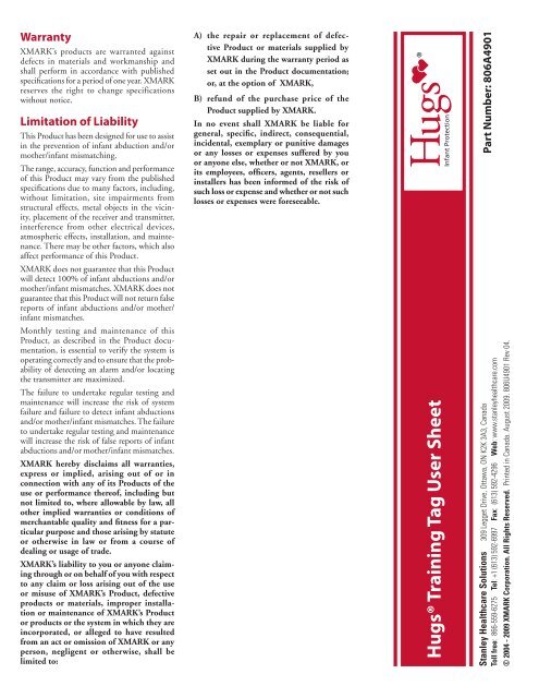 Hugs® Training Tag U ser Sheet - Stanley Healthcare Solutions