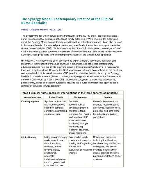 The Synergy Model: Contemporary Practice of the Clinical Nurse ...