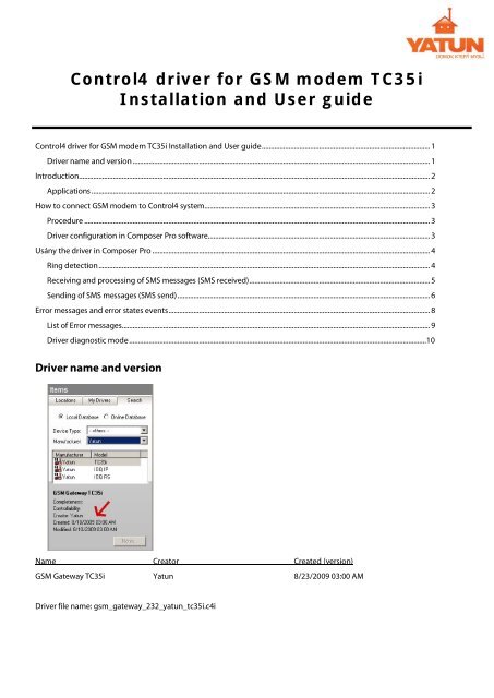 Control4 driver for GSM modem TC35i Installation and User ... - yatun