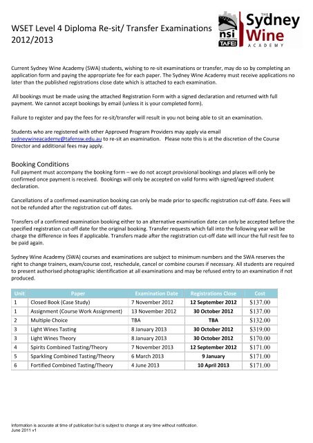 WSET Level 4 Diploma Re-sit/ Transfer Examinations 2012/2013