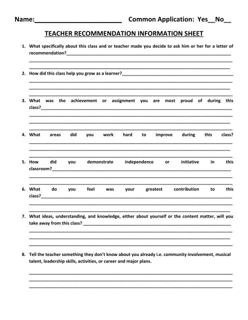 Teacher Recommendation Information Sheet - Hinsdale South High ...