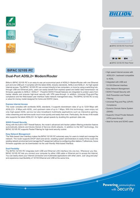 Dual-Port ADSL2+ Modem/Router - Billion