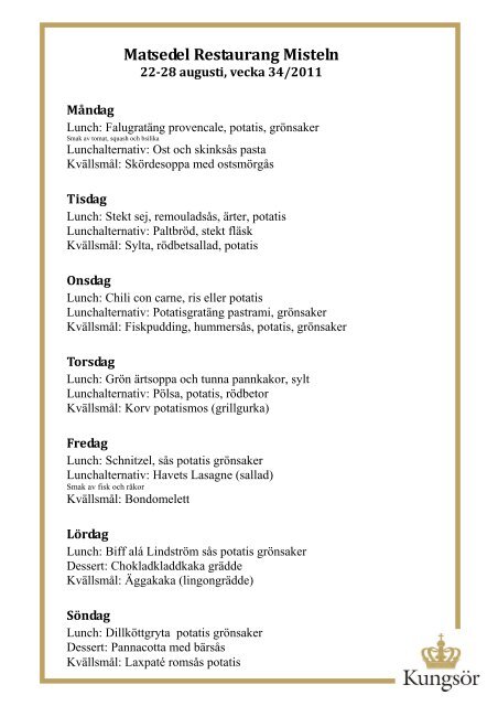 Matsedel Restaurang Misteln