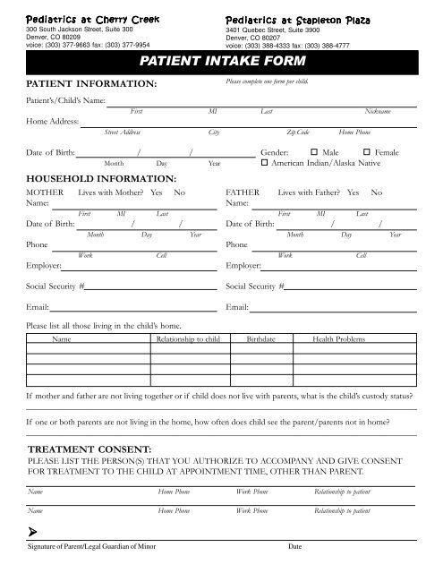 New Patient Form - Pediatrics at Cherry Creek
