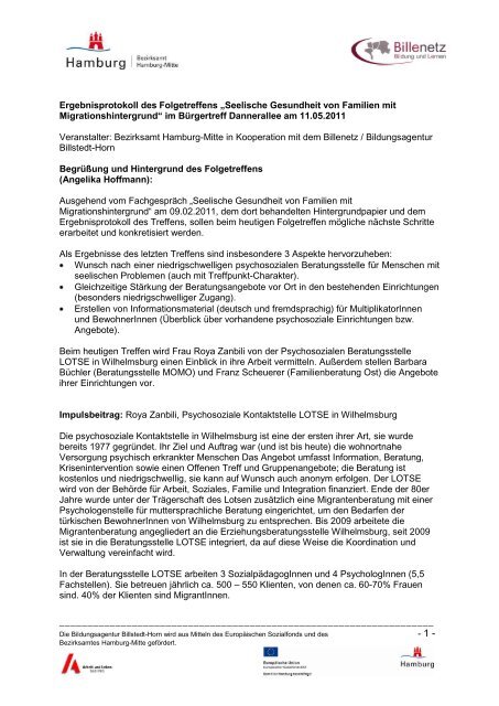 Protokoll des Fachgesprächs „Übergang von der Kita in die - Billenetz Protokoll des Fachgesprächs „Übergang von der Kita in die - Billenetz