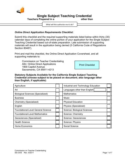 Single Subject Teaching Credential (Out-of-State Program)
