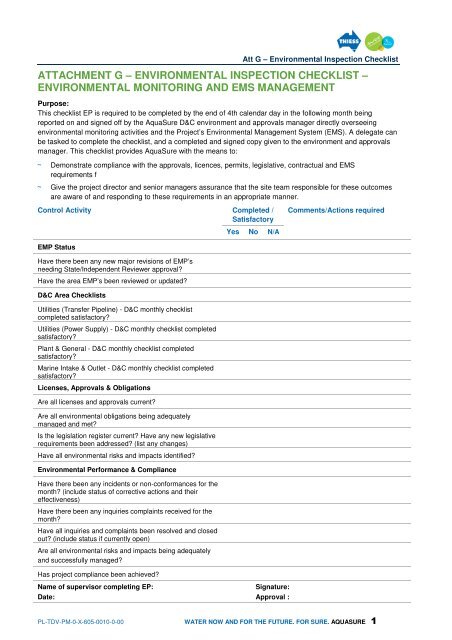 attachment g â environmental inspection checklist ... - Aquasure