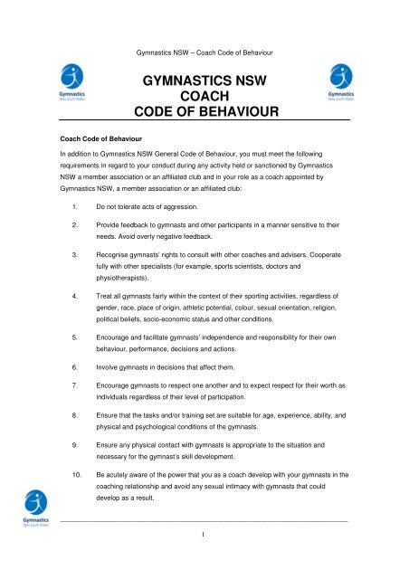 GYMNASTICS NSW COACH CODE OF BEHAVIOUR