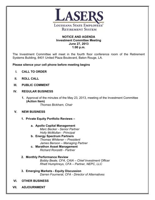 NOTICE AND AGENDA Investment Committee Meeting June 27 ... NOTICE AND AGENDA Investment Committee Meeting June 27 ...