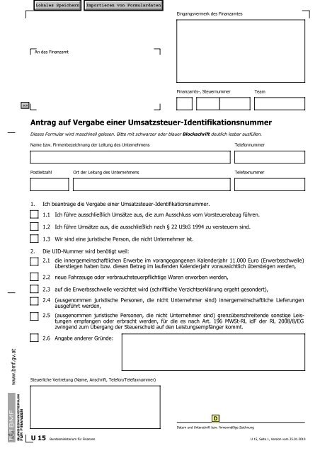 U15 Antrag auf Vergabe einer Umsatzsteuer-Identifikationsnummer ...