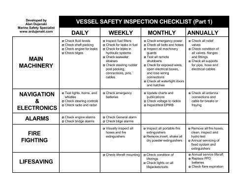 Vessel Safety Inspection Checklist - Alan R. Dujenski & Associates