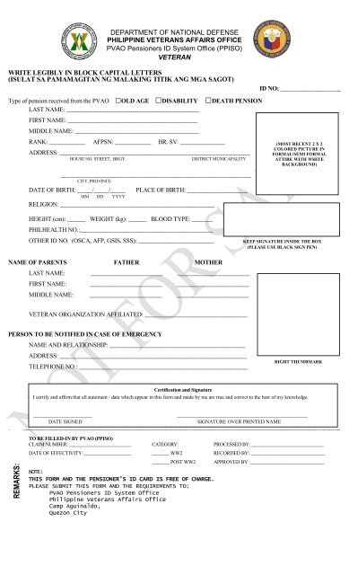 PVAO Pensioner's ID for Veteran Application Form - Philippine ...