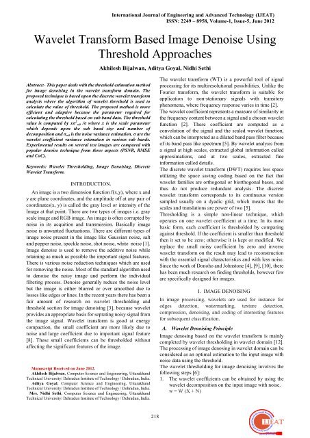 Wavelet Transform Based Image Denoise Using Threshold ...