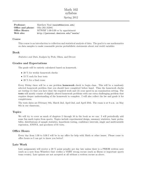 Math 102 syllabus - Personal Pages - Denison University
