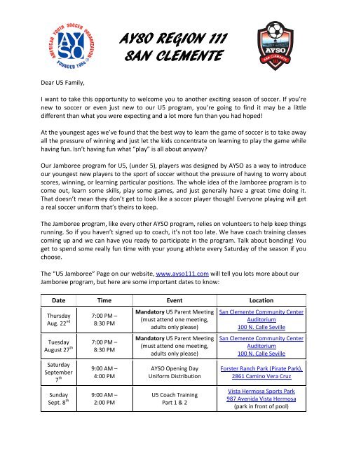 U5 Parent Introduction Letter - AYSO Region 111