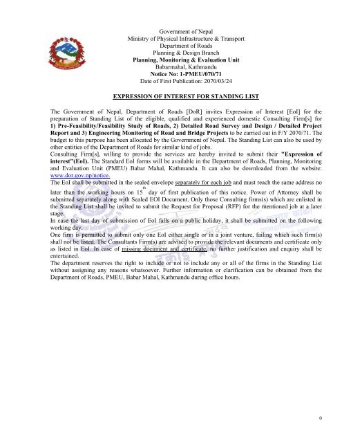 Government of Nepal Ministry of Physical Infrastructure & Transport ...