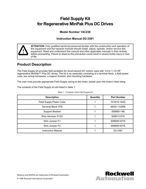 Field Supply Kit for Regenerative MinPak Plus ... - Reliance Electric