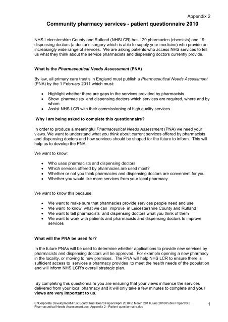 Community Pharmacy Patient Questionnaire 2010 - NHS