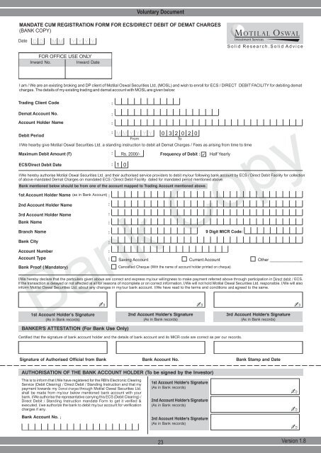 MANDATE CUM REGISTRATION