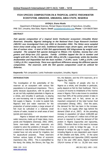 fish species composition in a tropical lentic freshwater ... - Zoo-unn.org