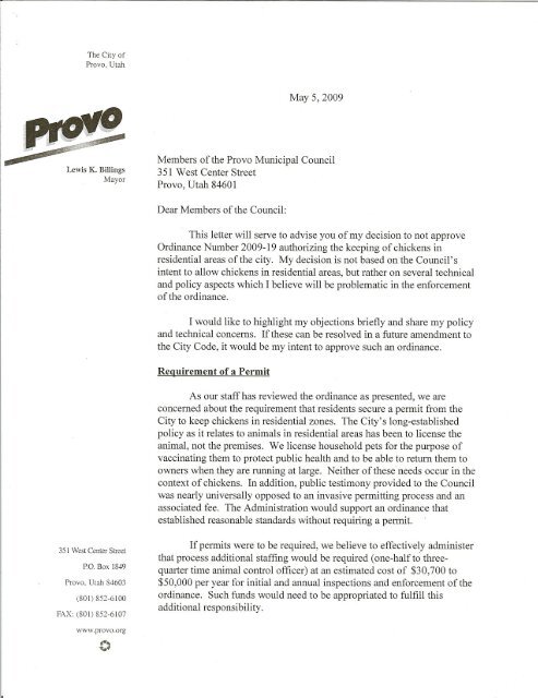 Provo Mayor's Chicken Ordinance Letter