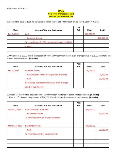 Corporations - Journal Entries Practice Test Answer ... - New Learner