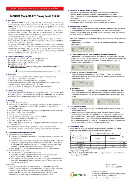 BIONOTE MALARIA Pf&Pan Ag Rapid Test Kit