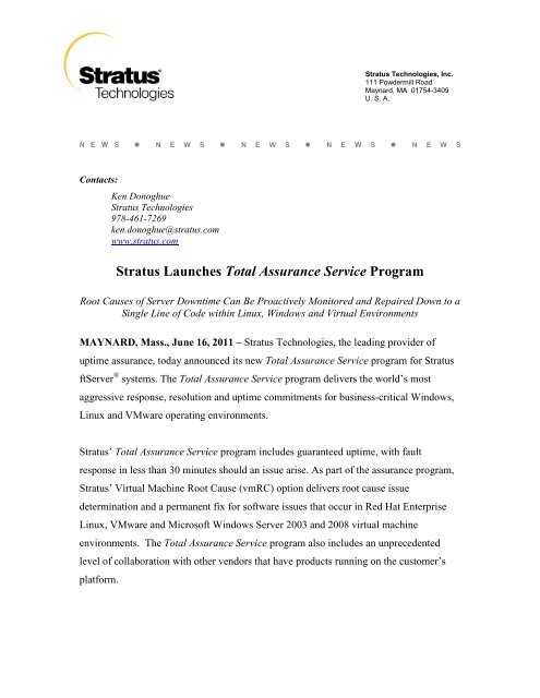Stratus Launches Total Assurance Service Program