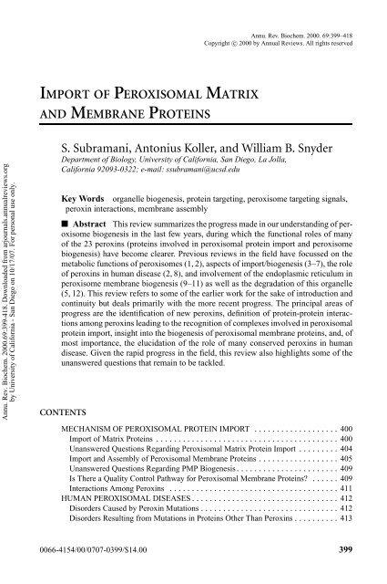 IMPORT OF PEROXISOMAL MATRIX AND MEMBRANE PROTEINS