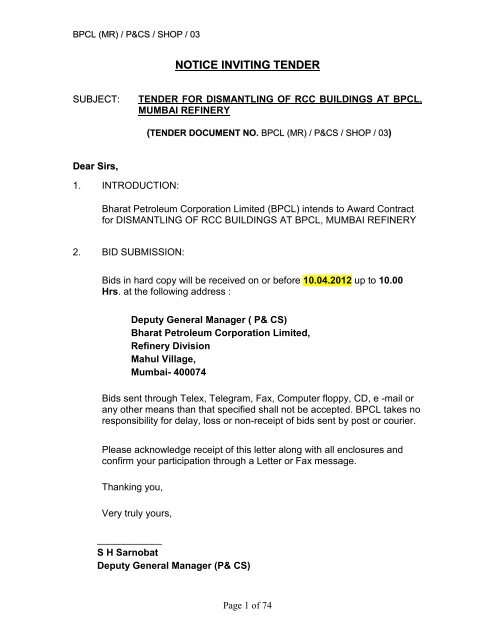NOTICE INVITING TENDER - Bharat Petroleum