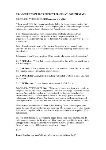 transcript from bbc's 'secret policeman' documentary - Ligali