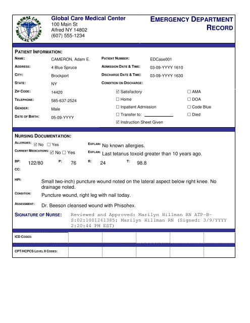 Global Care Medical Center EMERGENCY DEPARTMENT RECORD