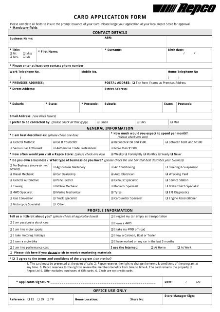 CARD APPLICATION FORM - Repco Trade Zone