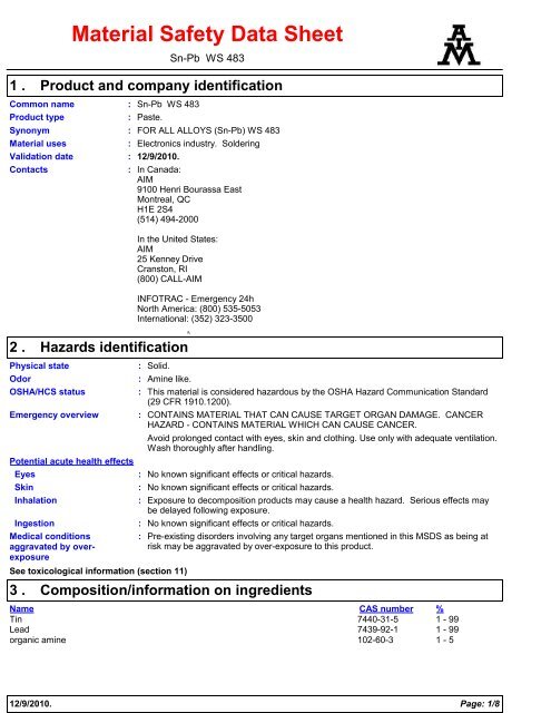 Material Safety Data Sheet - AIM Solder