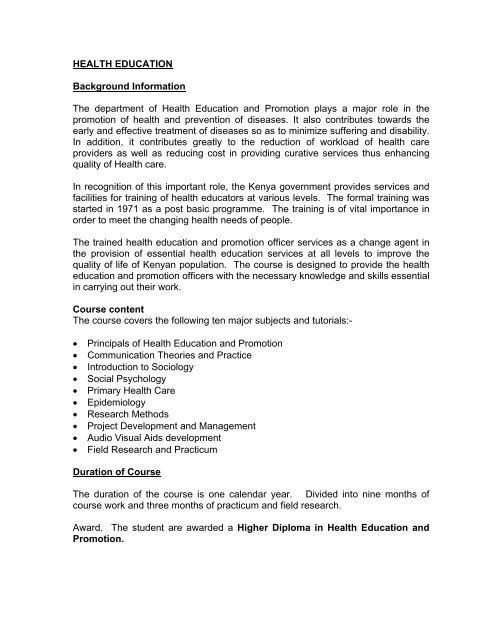 HEALTH EDUCATION Background Information The KMTC health-education-background-information-the-kmtc