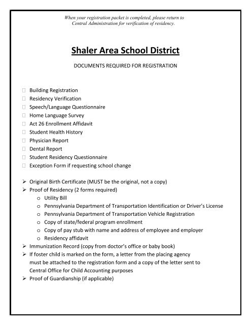 Kindergarten Registration Packet - Shaler Area School District