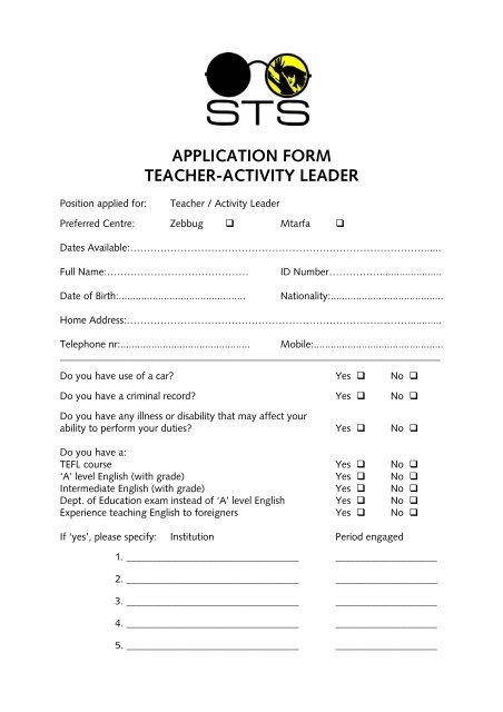 APPLICATION FORM TEACHER-ACTIVITY LEADER - STS