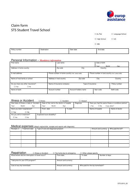 Claim form STS Student Travel School
