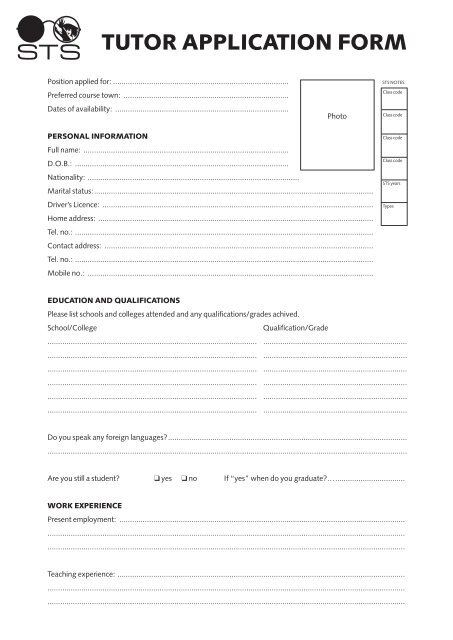 Malta Tutor Application Form - STS