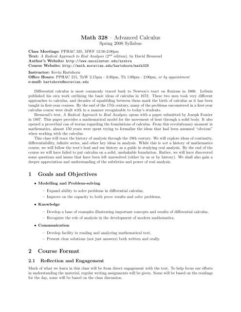 Math 328 – Advanced Calculus 1 Goals and ... - Moravian College