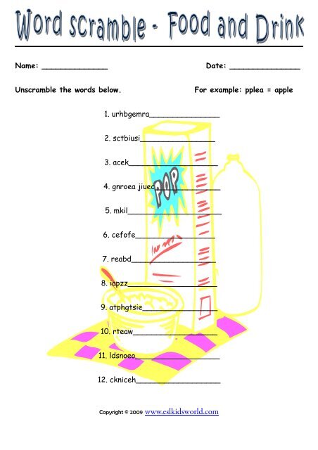 Word scramble food and drink worksheet - ESL Kids World