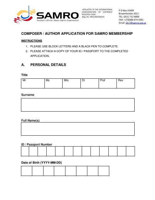 composer / author application for samro membership a. personal ...