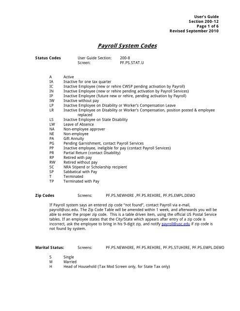 Payroll System Codes - USC Employee Online Services